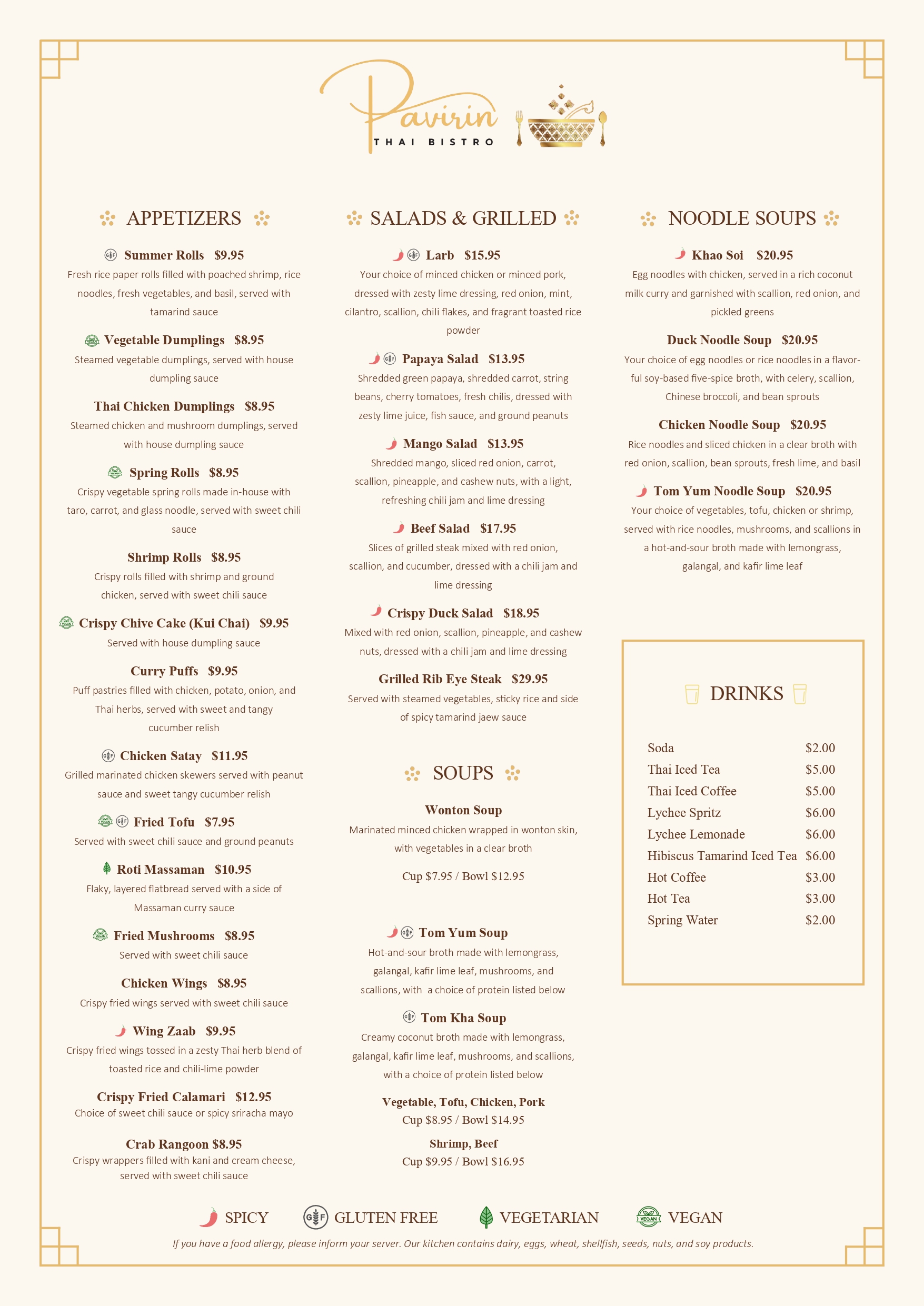 Authentic Thai Food Menu | Pavirin Thai Bistro